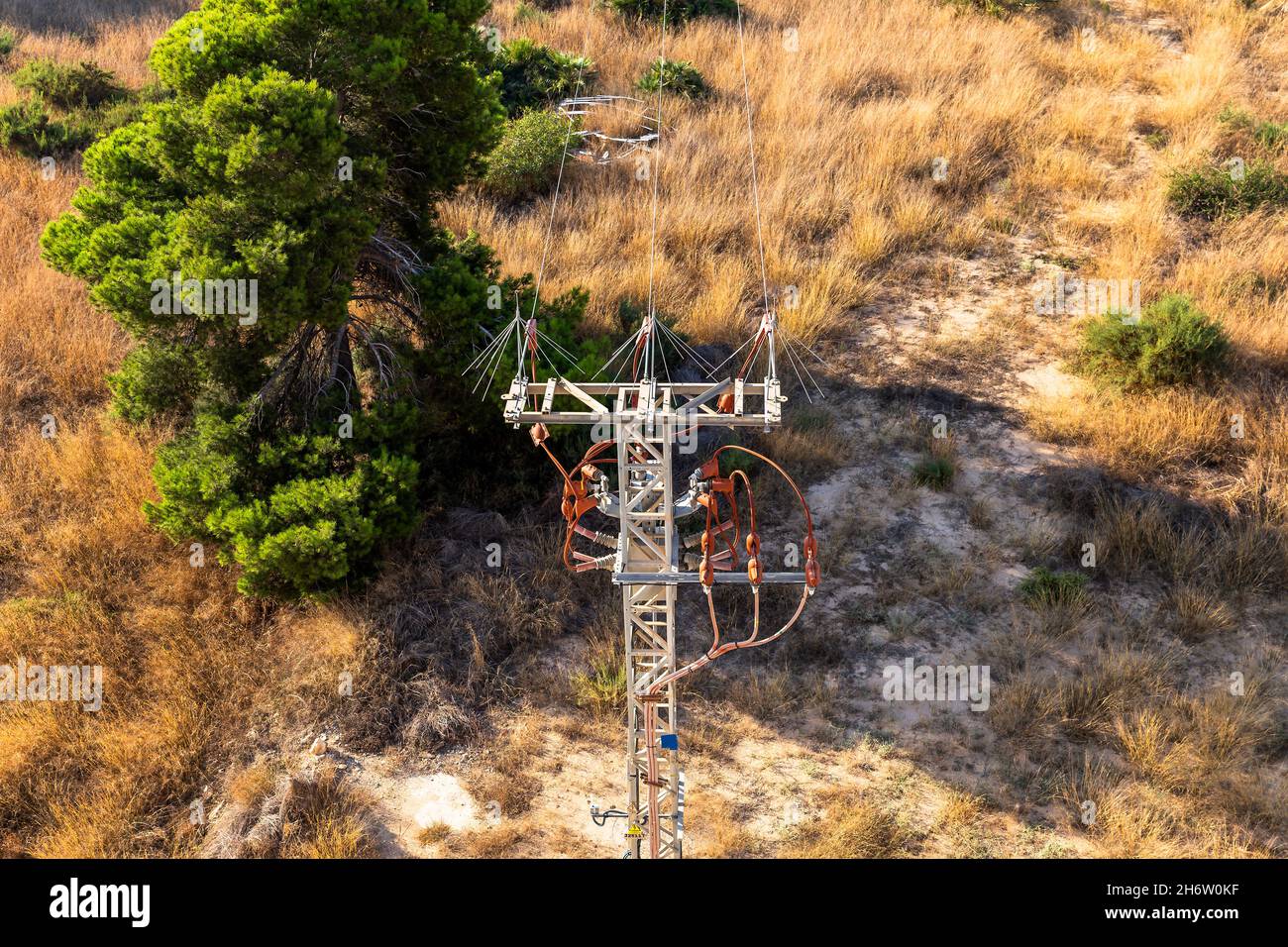 horizontal top view of electric tower in the field Stock Photo - Alamy