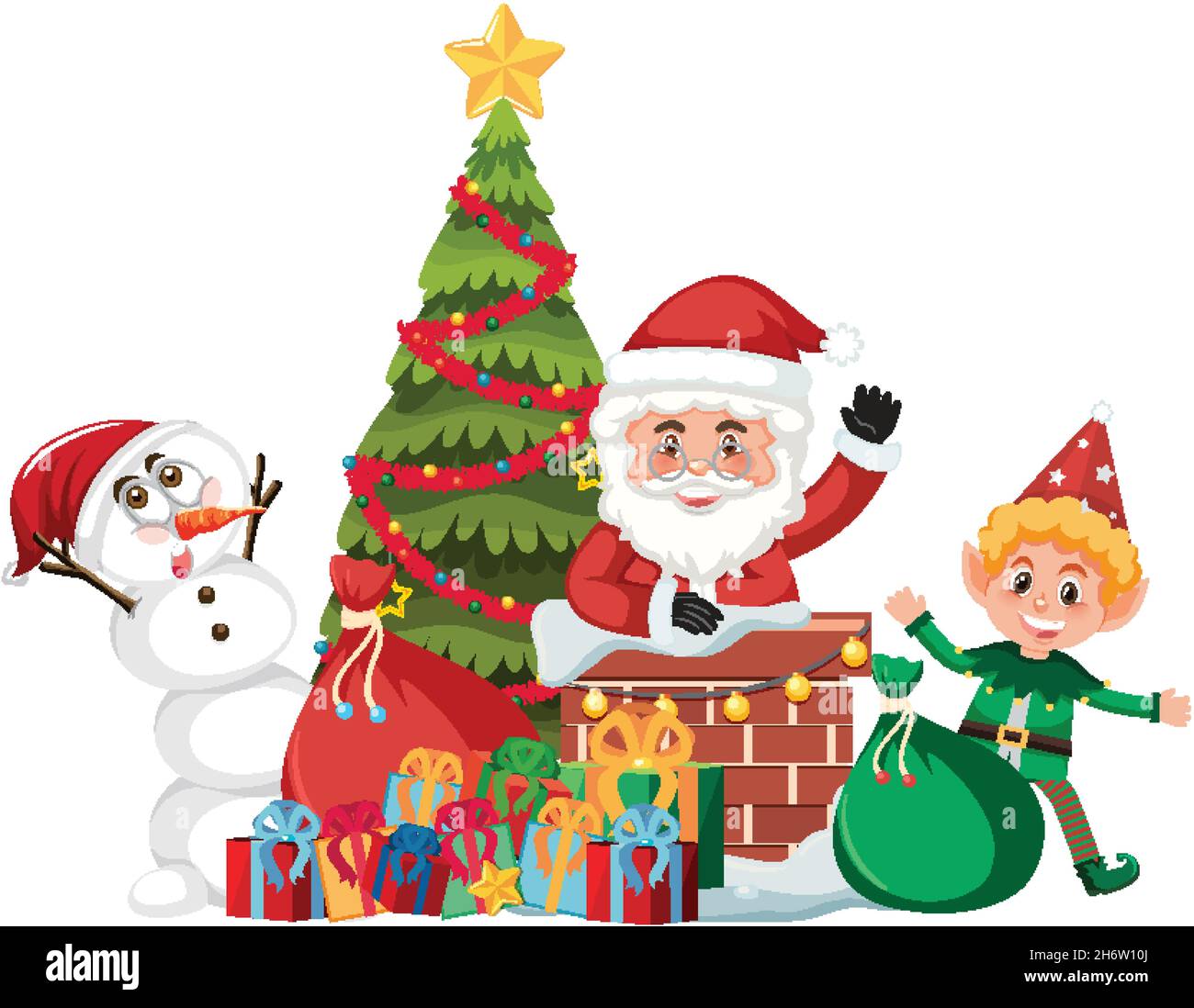 Santa Claus with snowman and Christmas tree illustration Stock Vector ...
