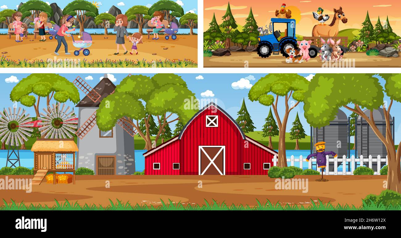 Outdoor panoramic landscape scenes set with cartoon character ...