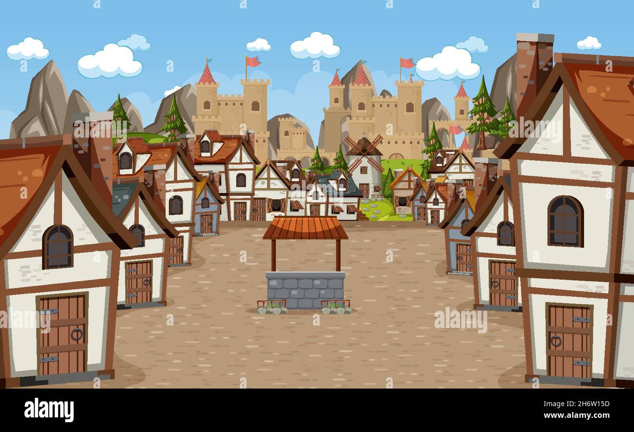 Medieval village scene with castle background illustration Stock Vector ...
