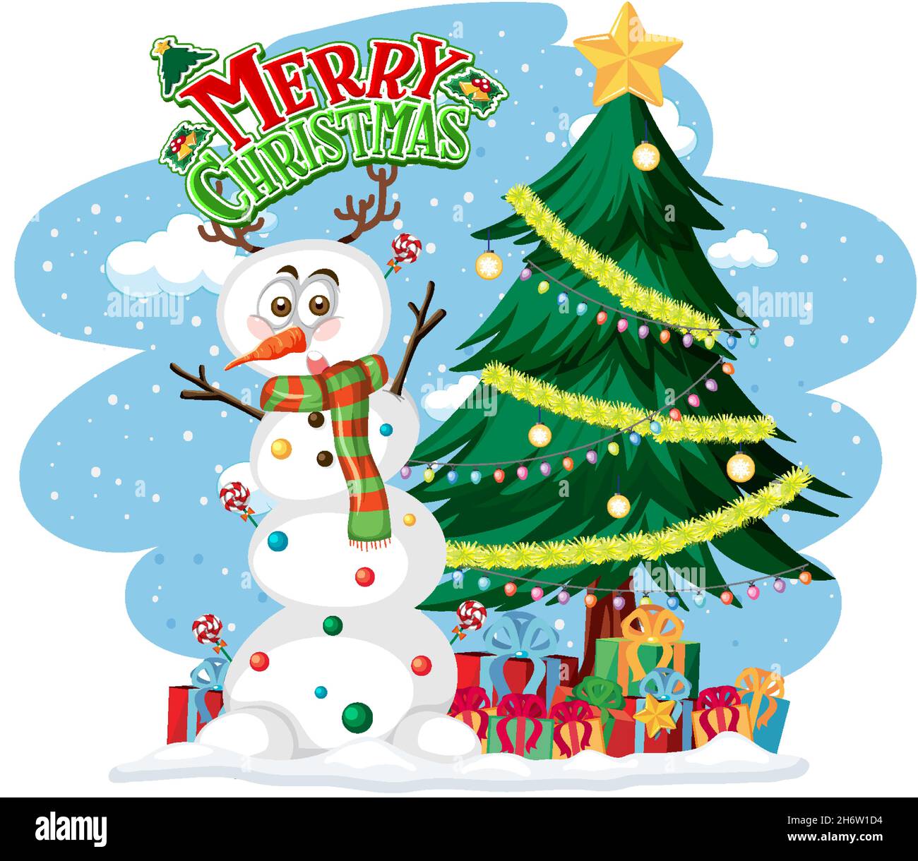 Merry Christmas text logo with Christmas and decorations illustration ...