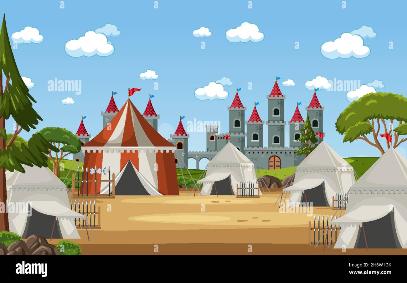 Military medieval camp with tents and castle illustration Stock Vector ...
