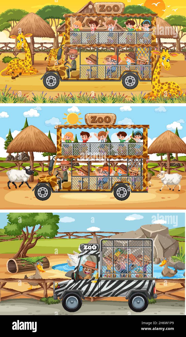 Set of different safari horizontal scenes with animals and kids cartoon ...
