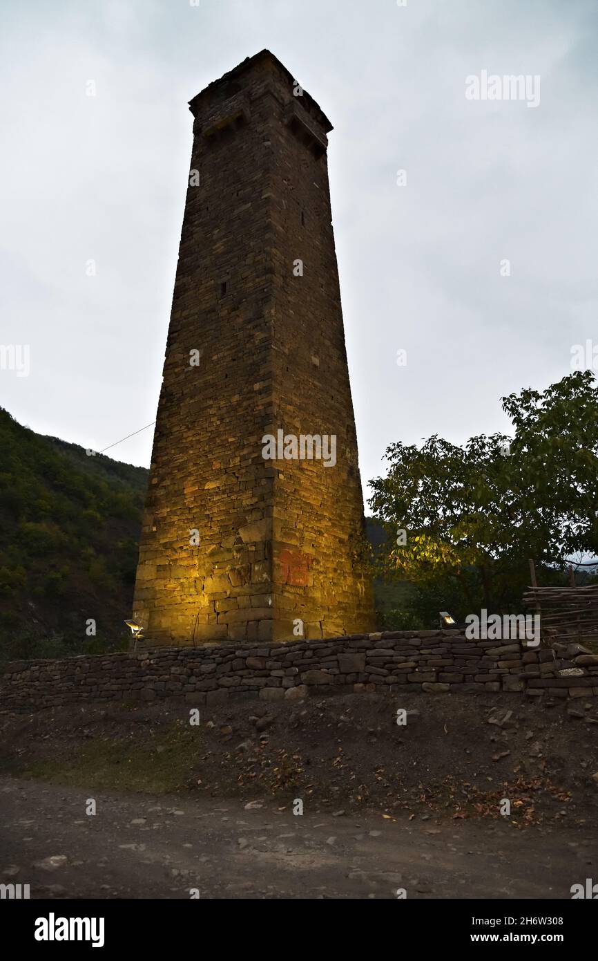 Mediewal battle tower shown at night. Chechnya (Chechen Republic ...