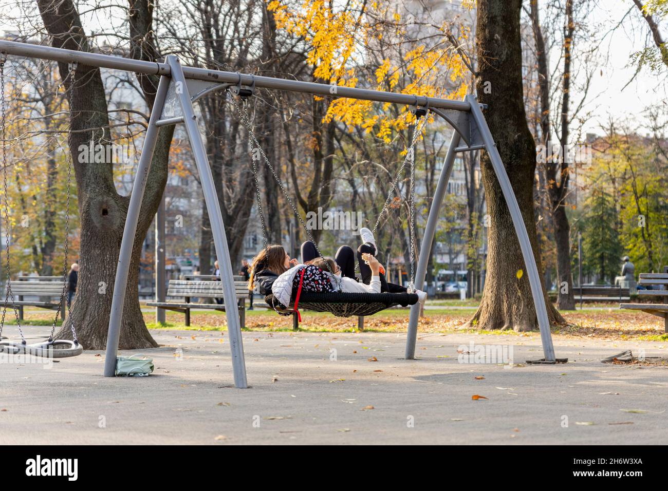 BELGRADE, Serbia - November 15, 2021 - Girls, children laying in the ...