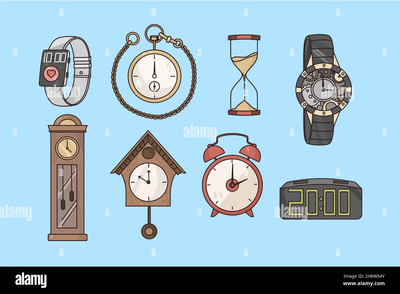 Time measure clock and watch concept. Set of various clock watch and ...