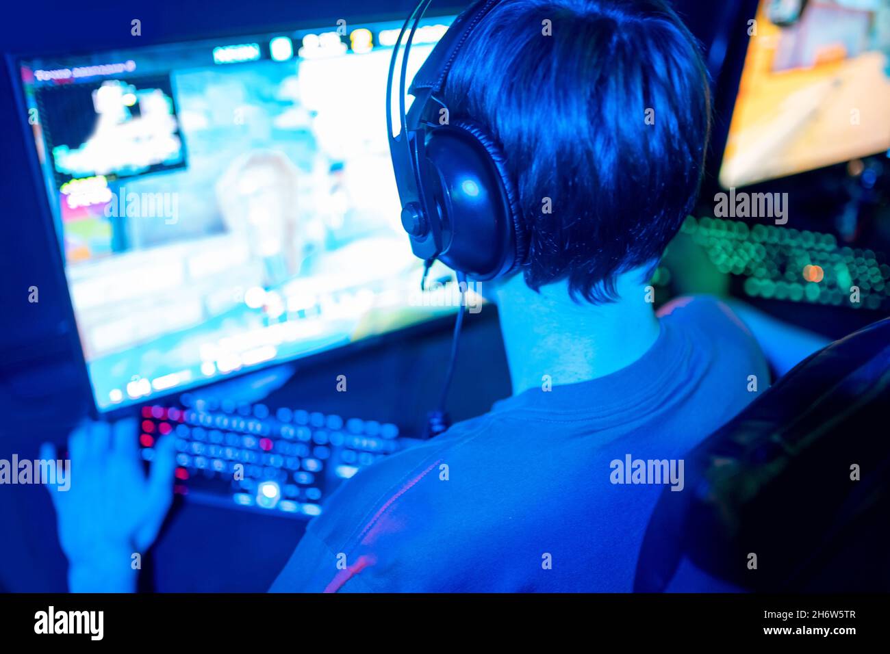 Soft focus, Professional cyber gamer play in video game championship in ...