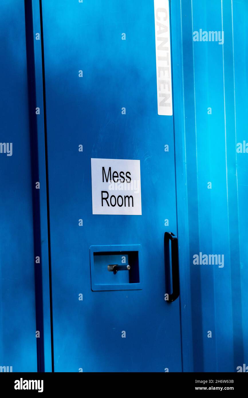 Large blue metal container used for a temporary mess room or canteen ...