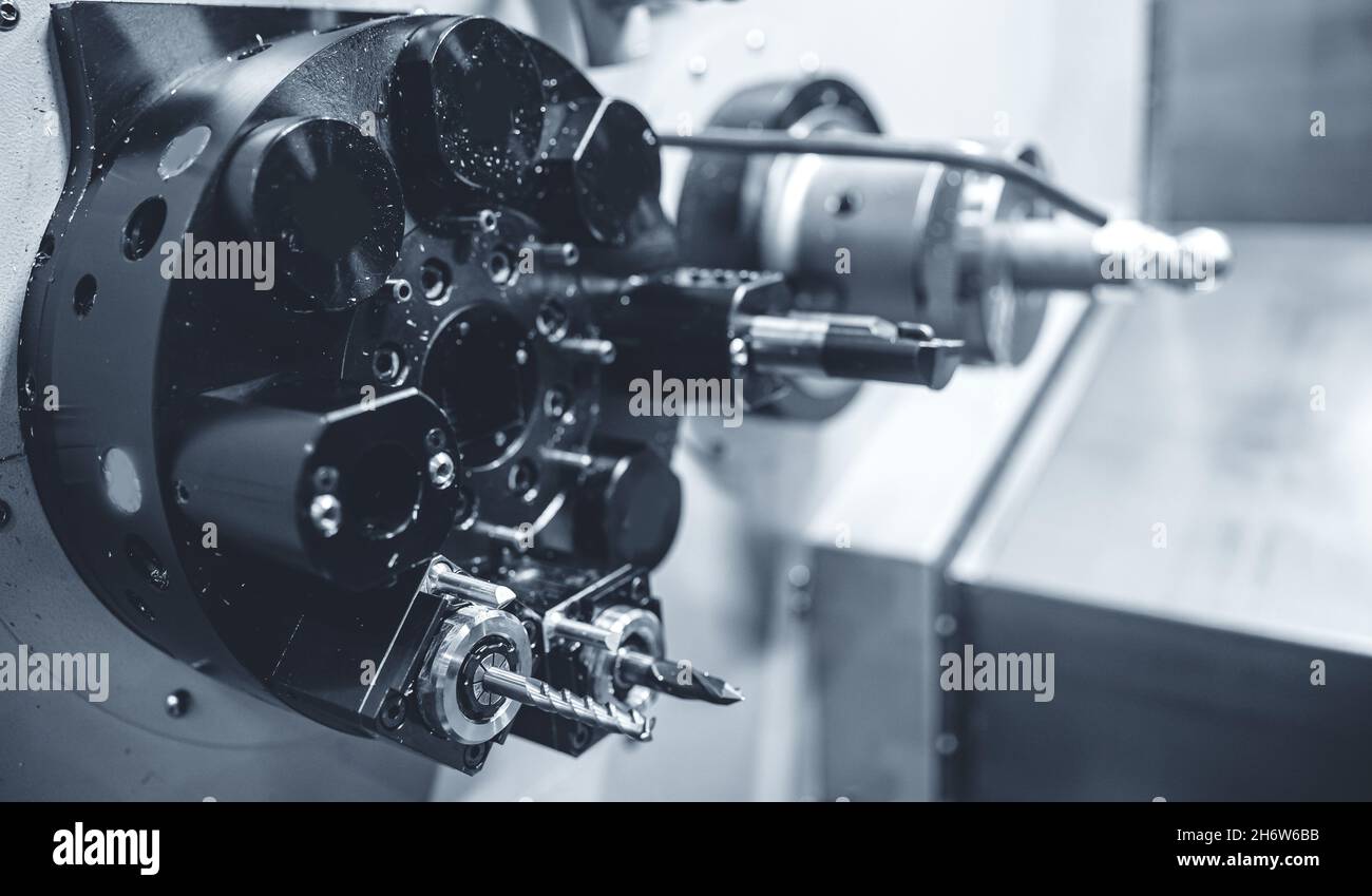 CNC turning with drill milling factory steel billet process. Banner ...