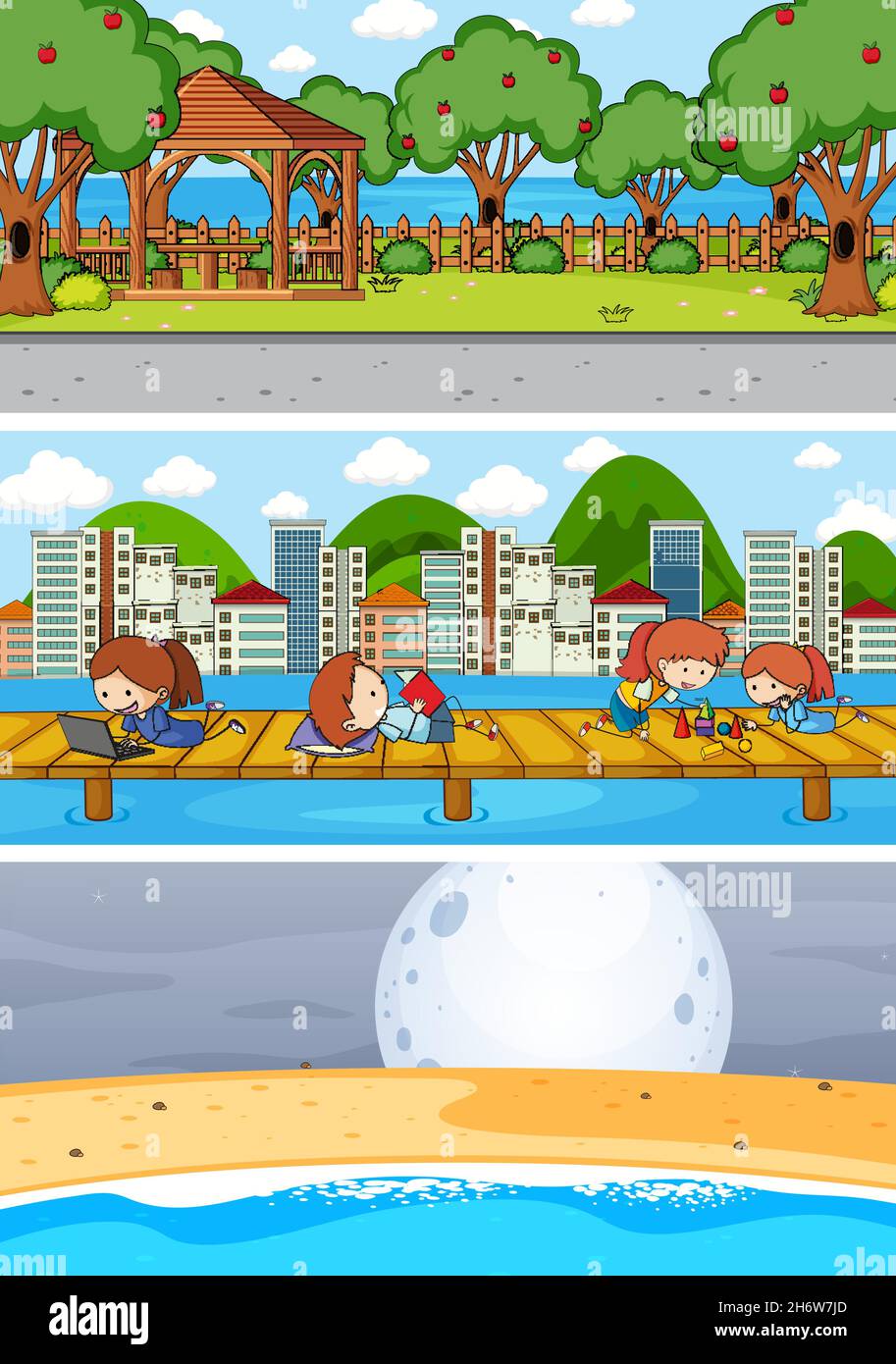 Set of different horizon scenes background with doodle kids cartoon ...
