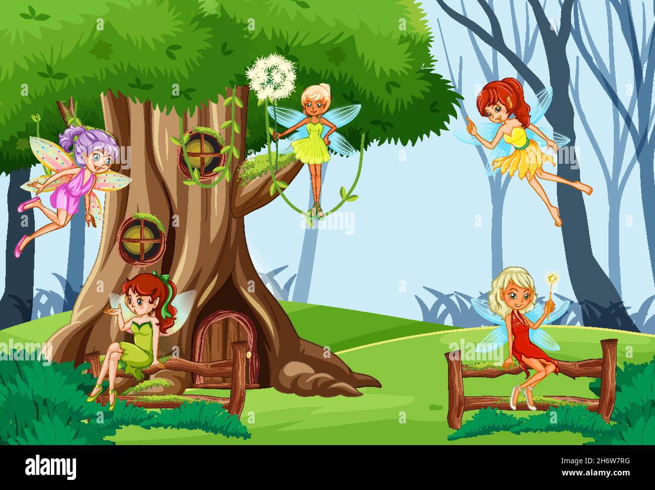 Fantasy forest with cute fairies illustration Stock Vector Image & Art ...