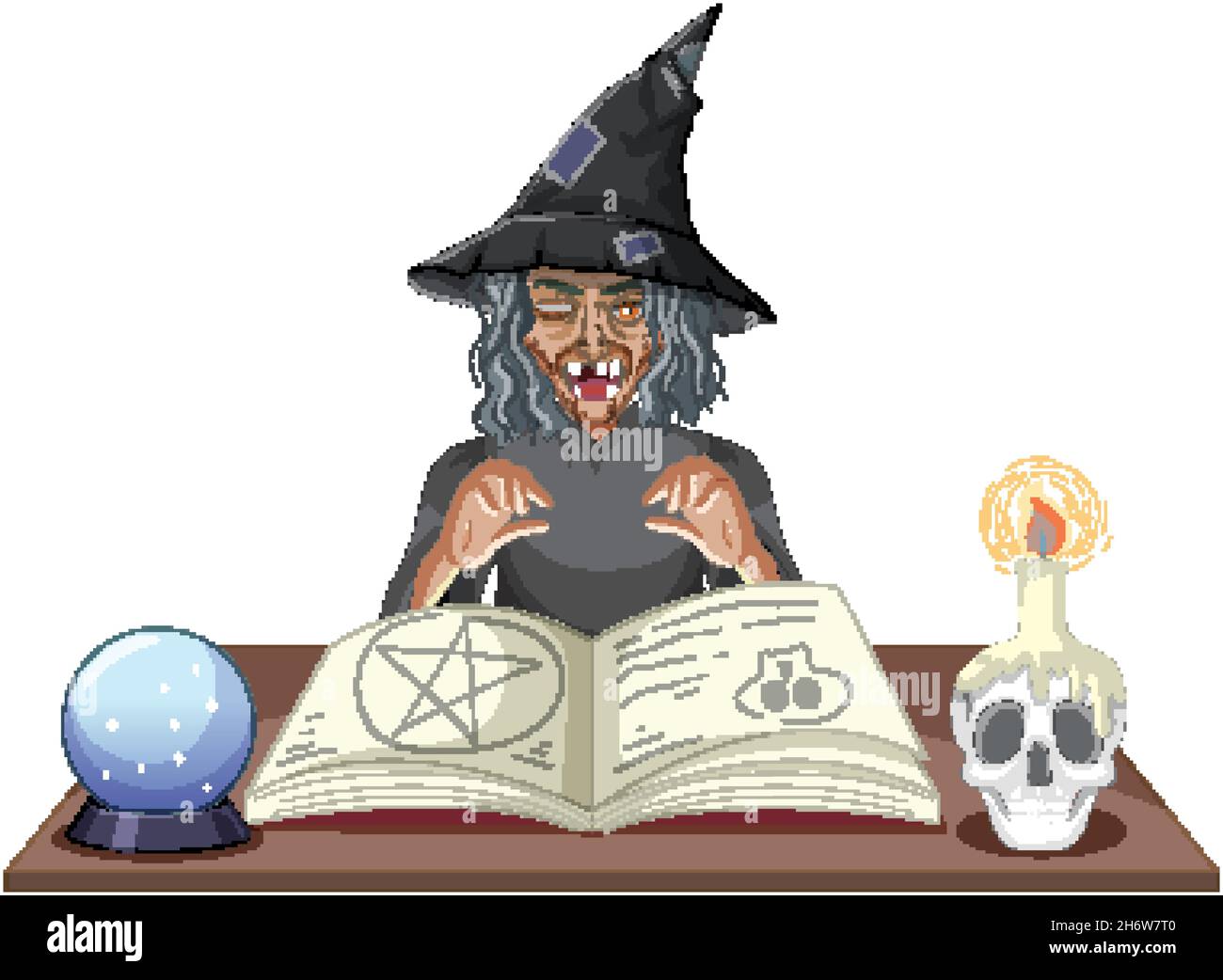 Wicked old witch with magic spell book illustration Stock Vector Image ...