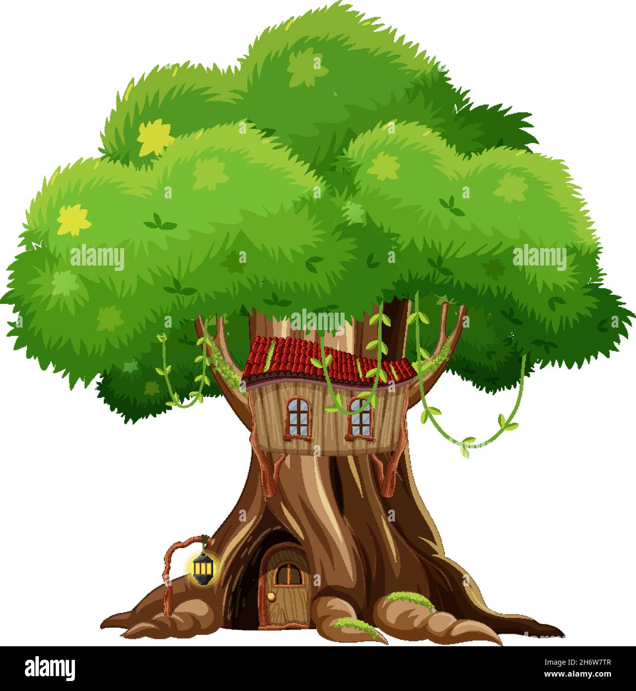Fantasy tree house inside tree trunk on white background illustration ...