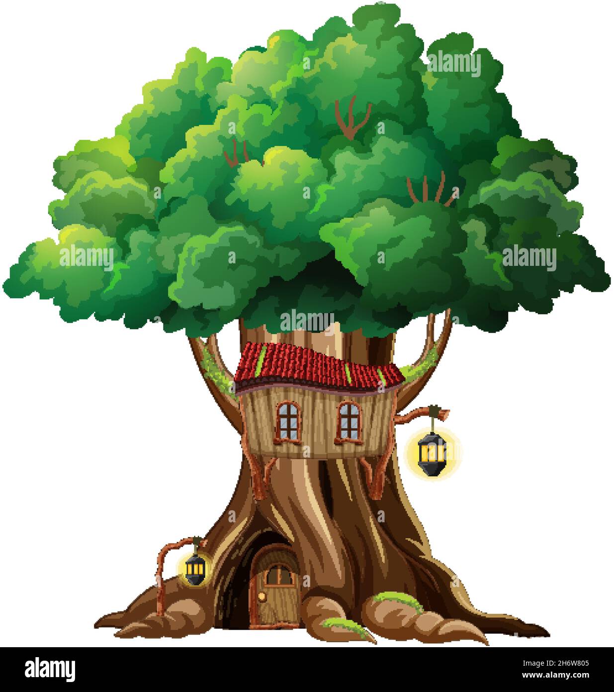 Fantasy tree house inside tree trunk on white background illustration ...
