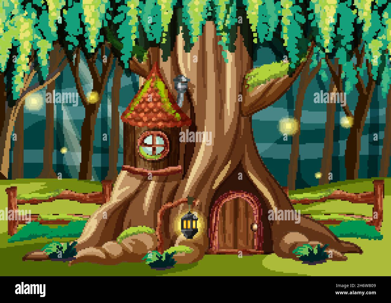 Forest scene with tree house inside the tree trunk illustration Stock ...