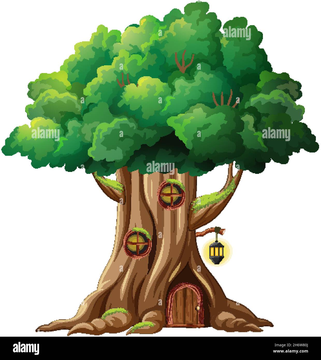Fantasy tree house inside tree trunk on white background illustration ...