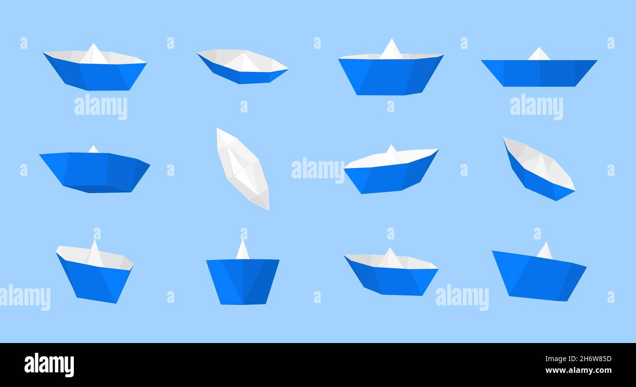 Origami paper boat collection with different views and angles Stock ...