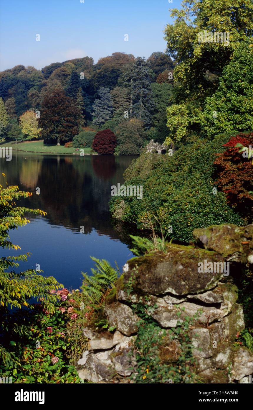 Stourhead Garden, Wiltshire, England, UK: a view across the lake ...