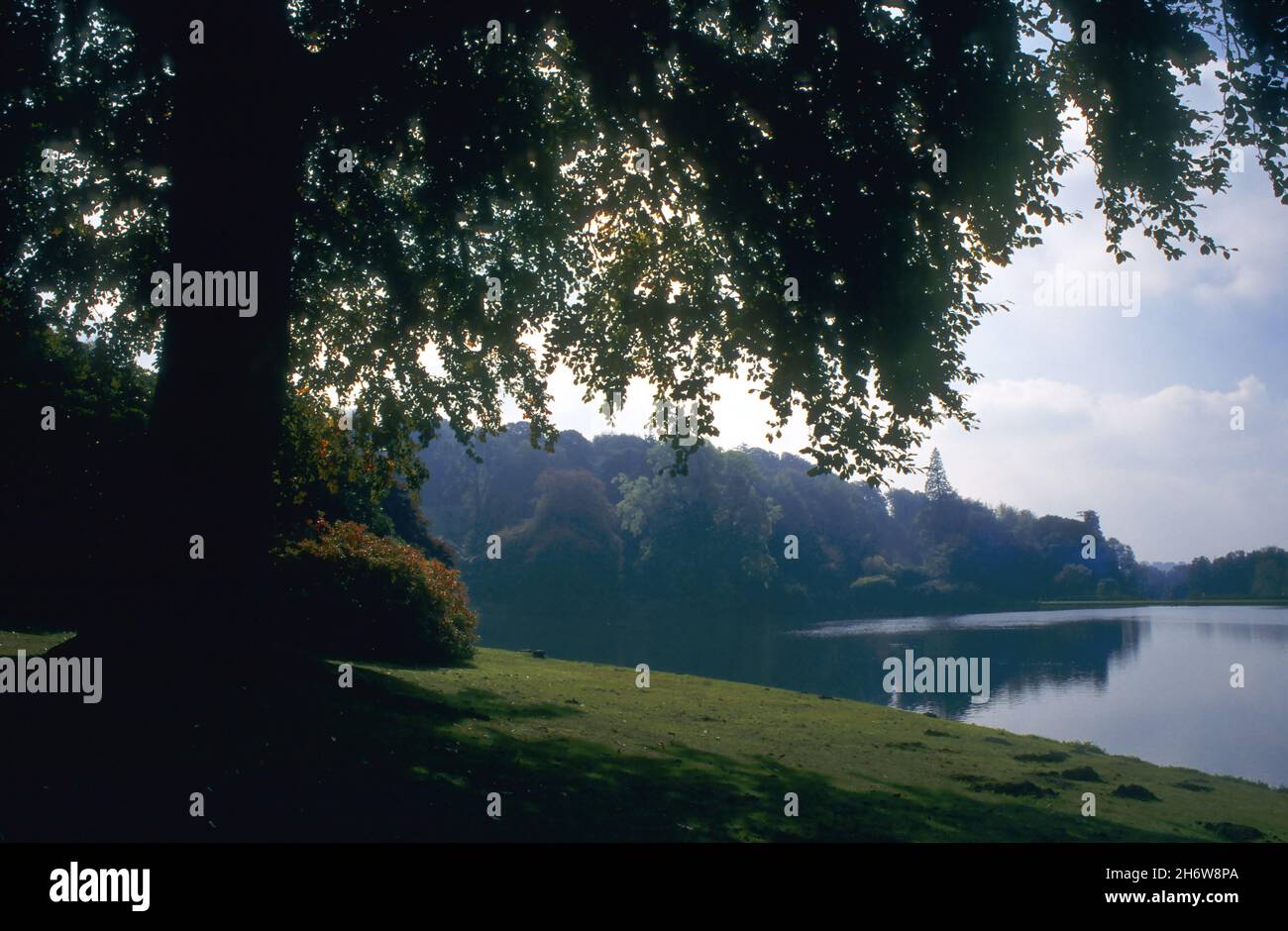 Stourhead Garden, Wiltshire, England, UK: a view across the lake ...