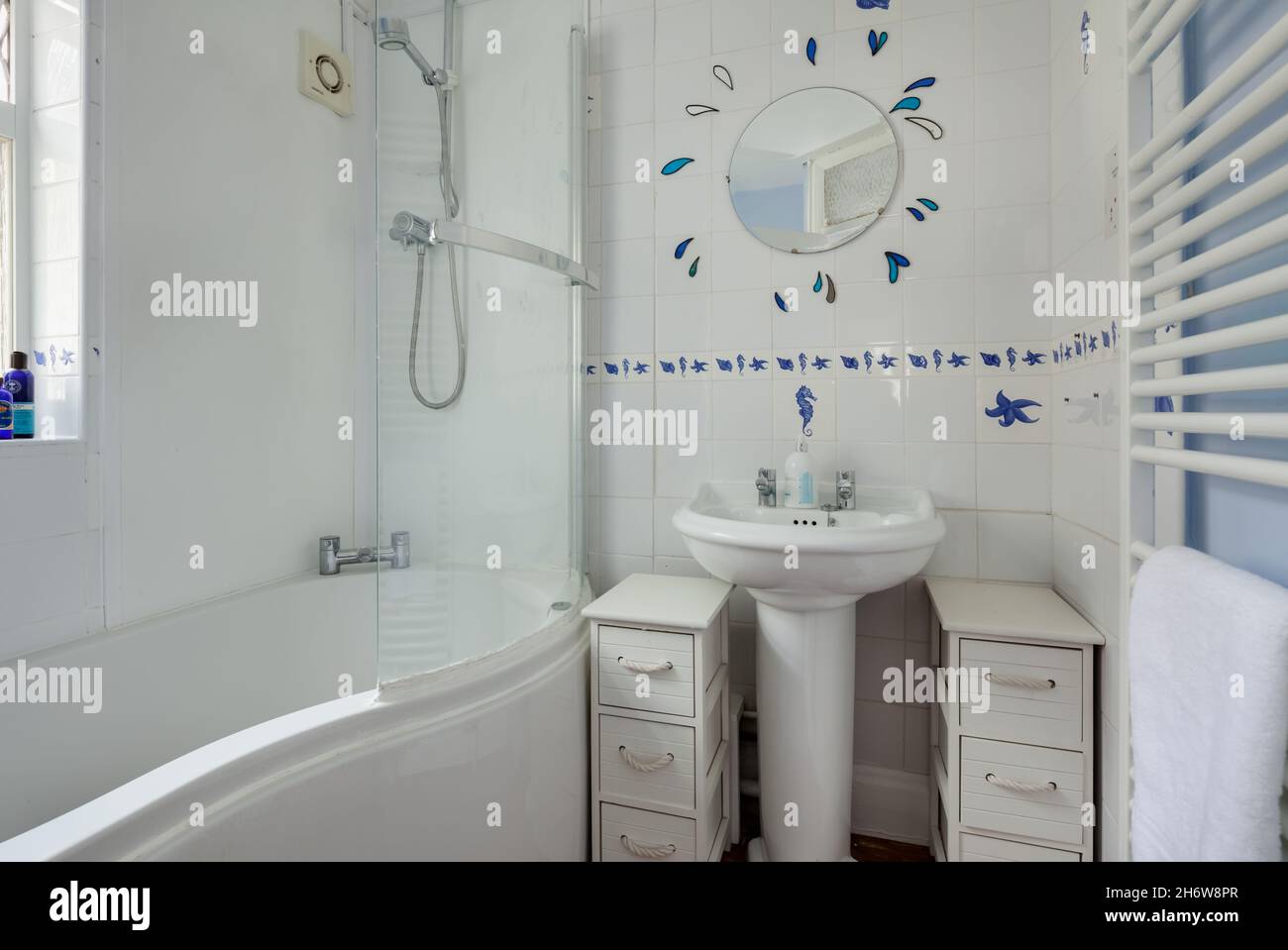 Cambridge, England - August 21 2019: Compact Bath Cloakroom typical of ...