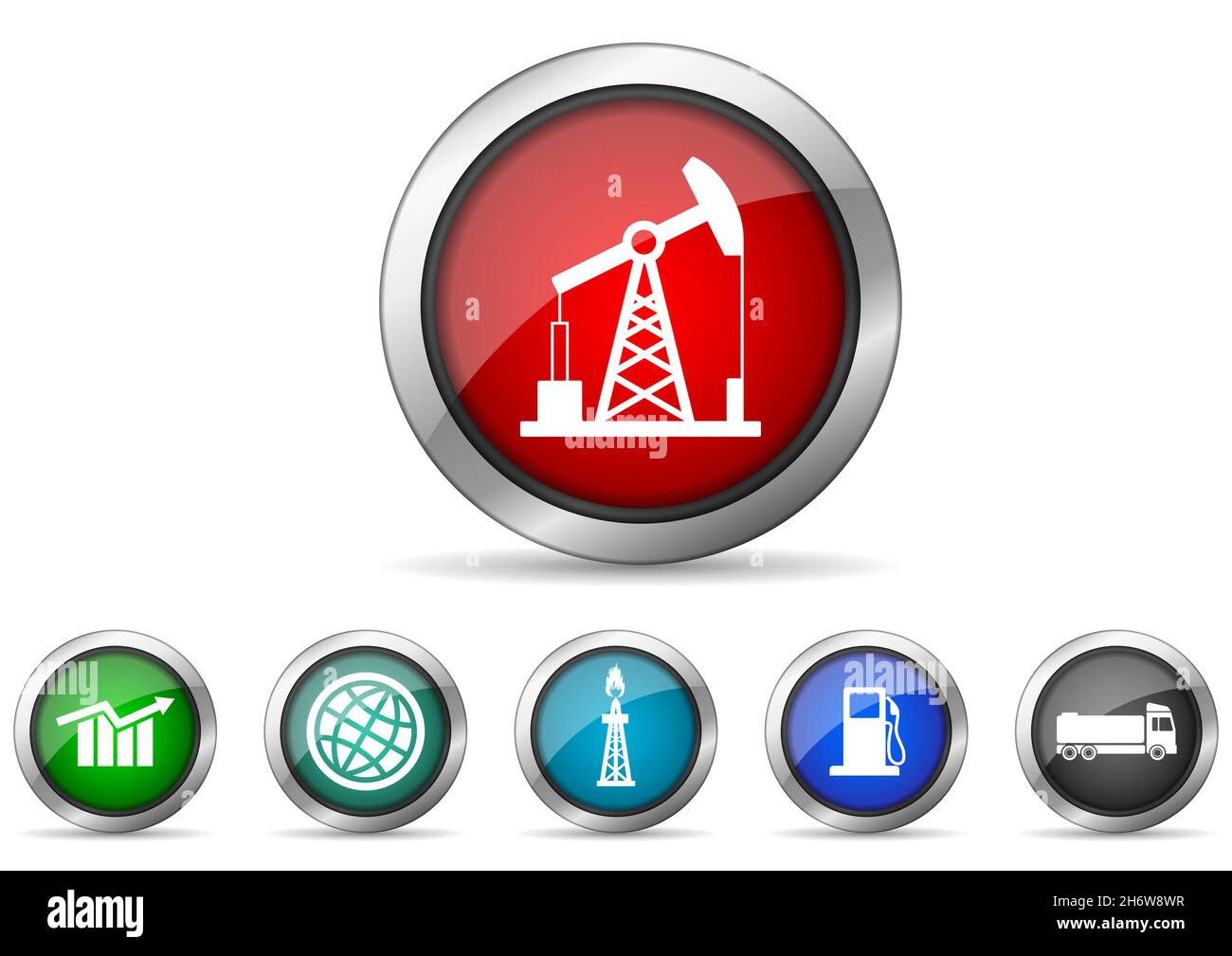 Set of oil and gas industry icons, silver metallic circle glossy web ...