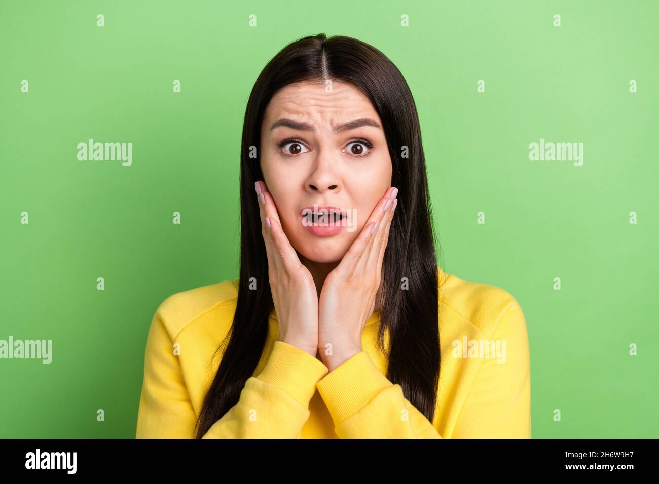 Portrait of attractive worried desperate girl bad news reaction omg ...