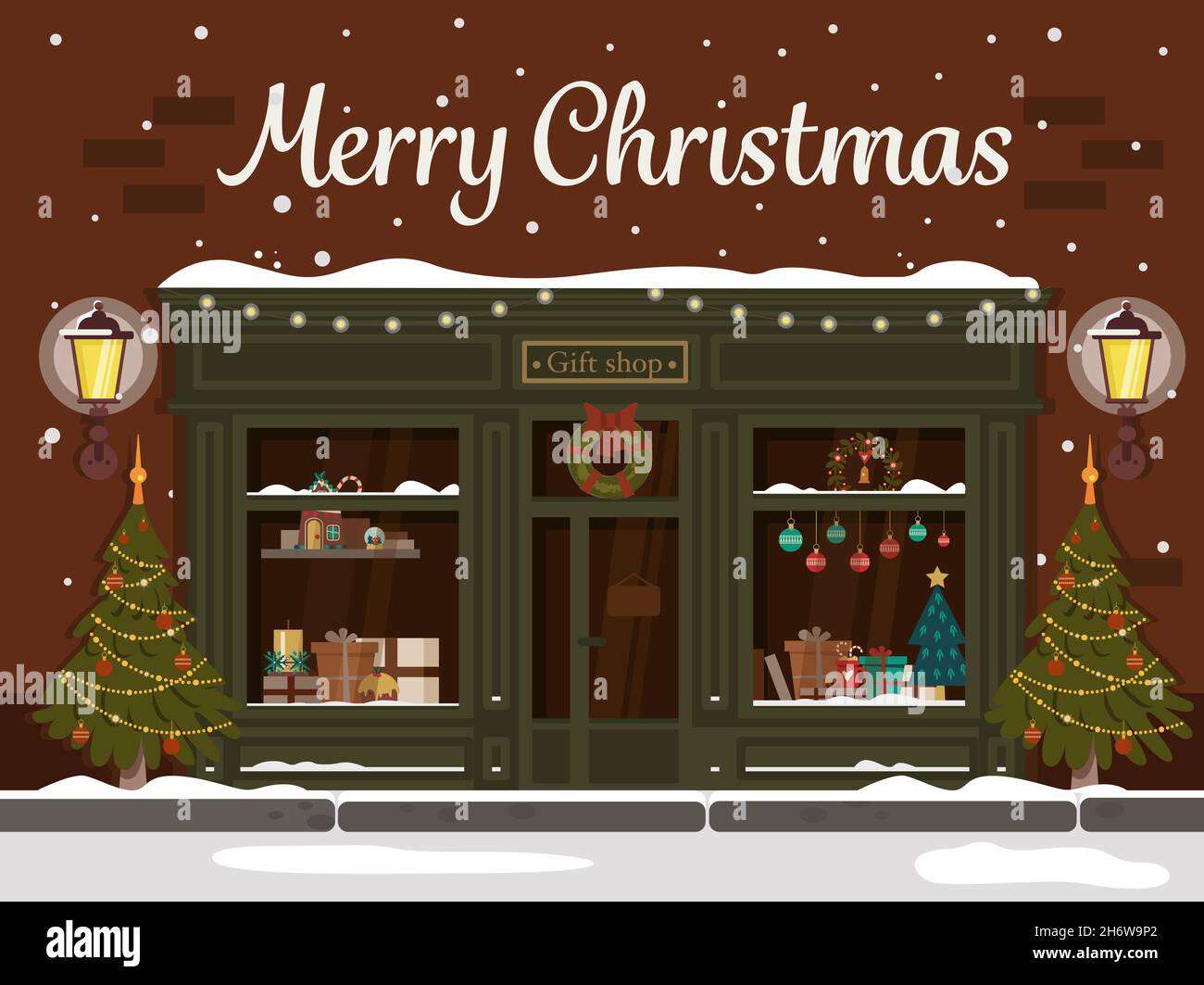 Christmas gift shop. Decorated building facade. Vector illustration in ...