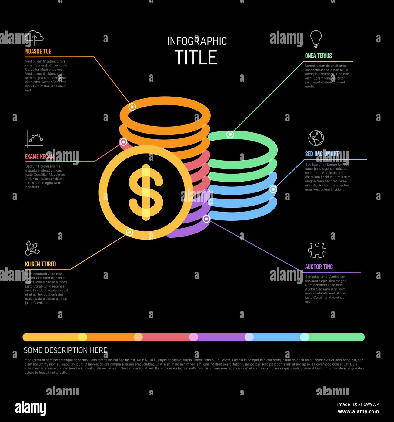 Vector dark Infographic template with dollar coins icon drawn by vivid ...