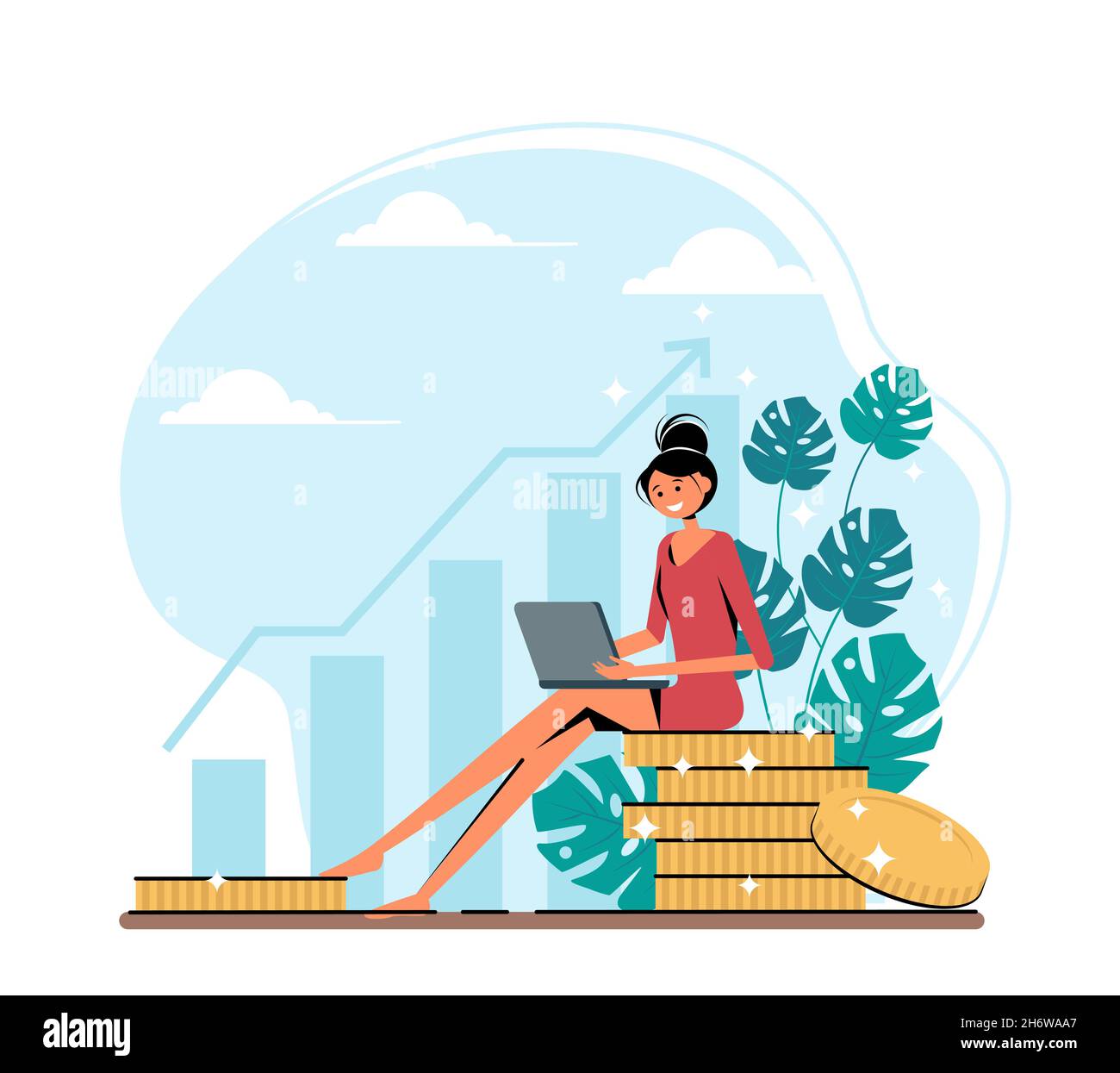 Investing concept - illustration with coins, pretty woman and laptop ...