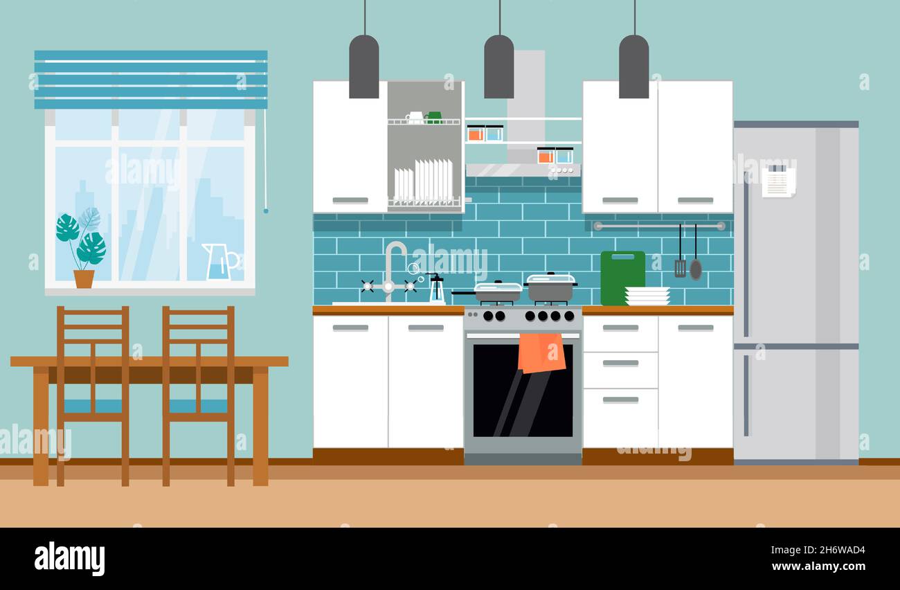 Modern cozy kitchen interior with dining area, flat style, vector ...