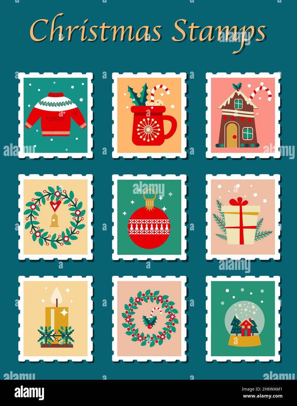 Set of cute postal stamps with Christmas decoration symbols. Vector ...