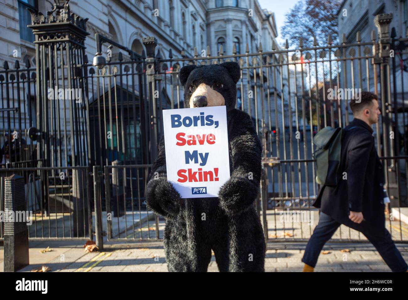 London, England, UK. 18th Nov, 2021. PETA activist dressed as a bear ...