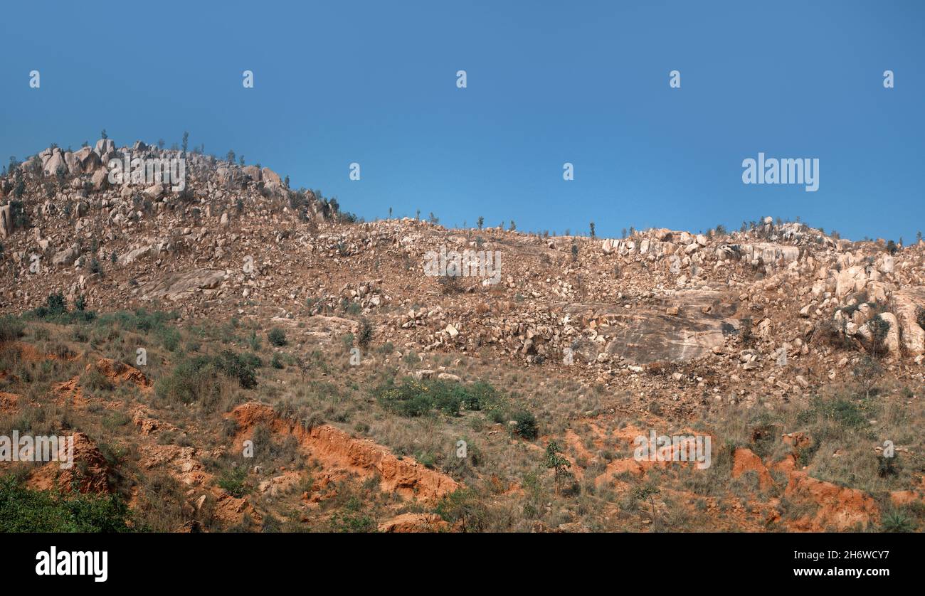 Dry hills and fields in the area of the Deccan plateau, India Stock ...