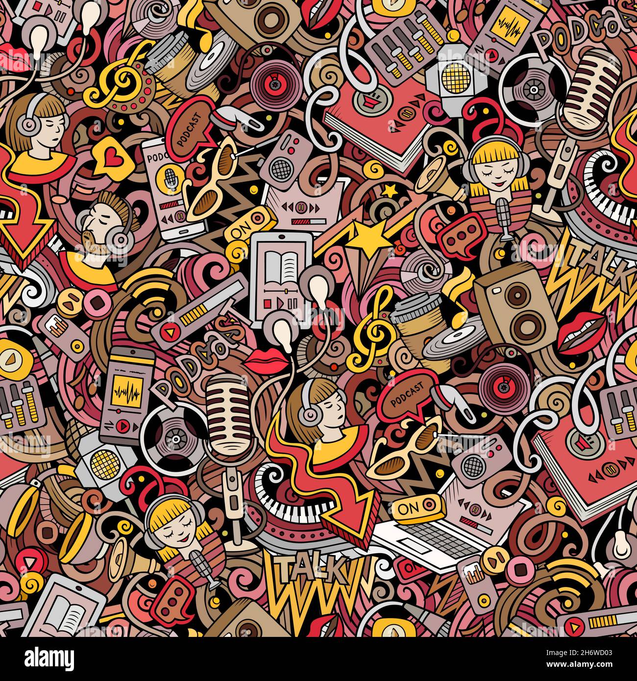 Cartoon doodles Audio content seamless pattern. Backdrop with podcasts ...