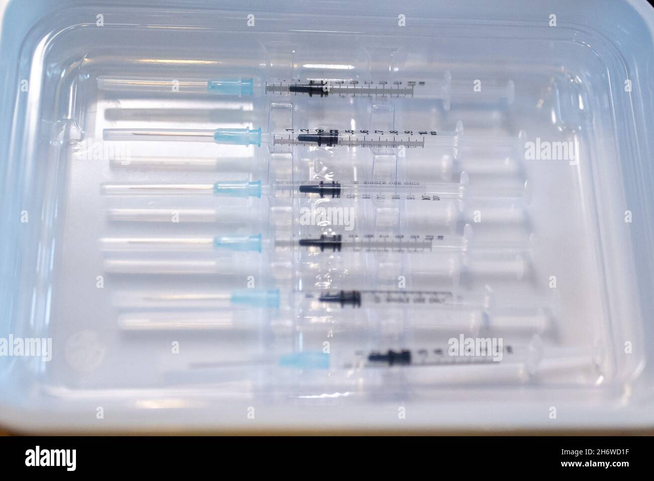 Nuremberg, Germany. 18th Nov, 2021. Syringes of Biontech/Pfizer's ...