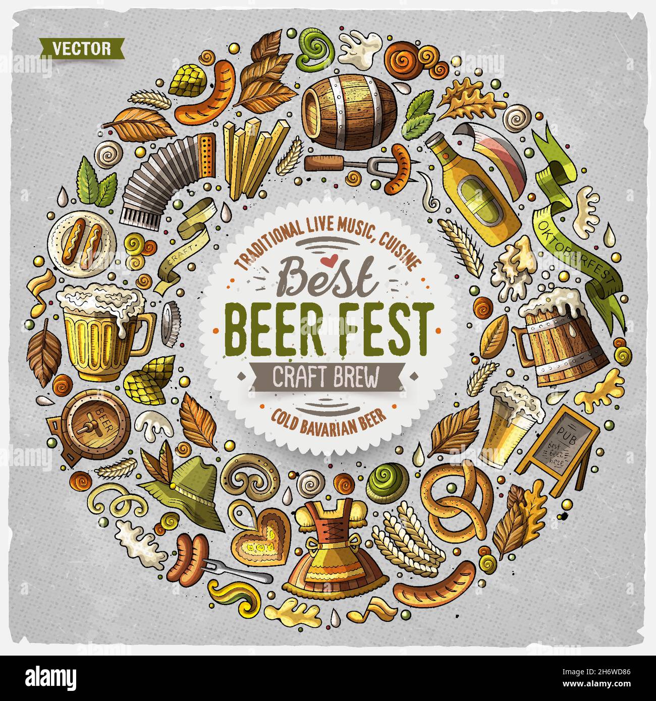 Colorful vector hand drawn set of Beer fest cartoon doodle objects ...