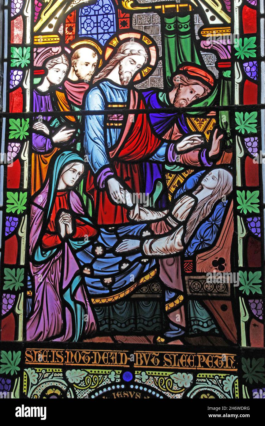 Stained Glass Window; Christ raising Jairus' Daughter, Dixton Church ...