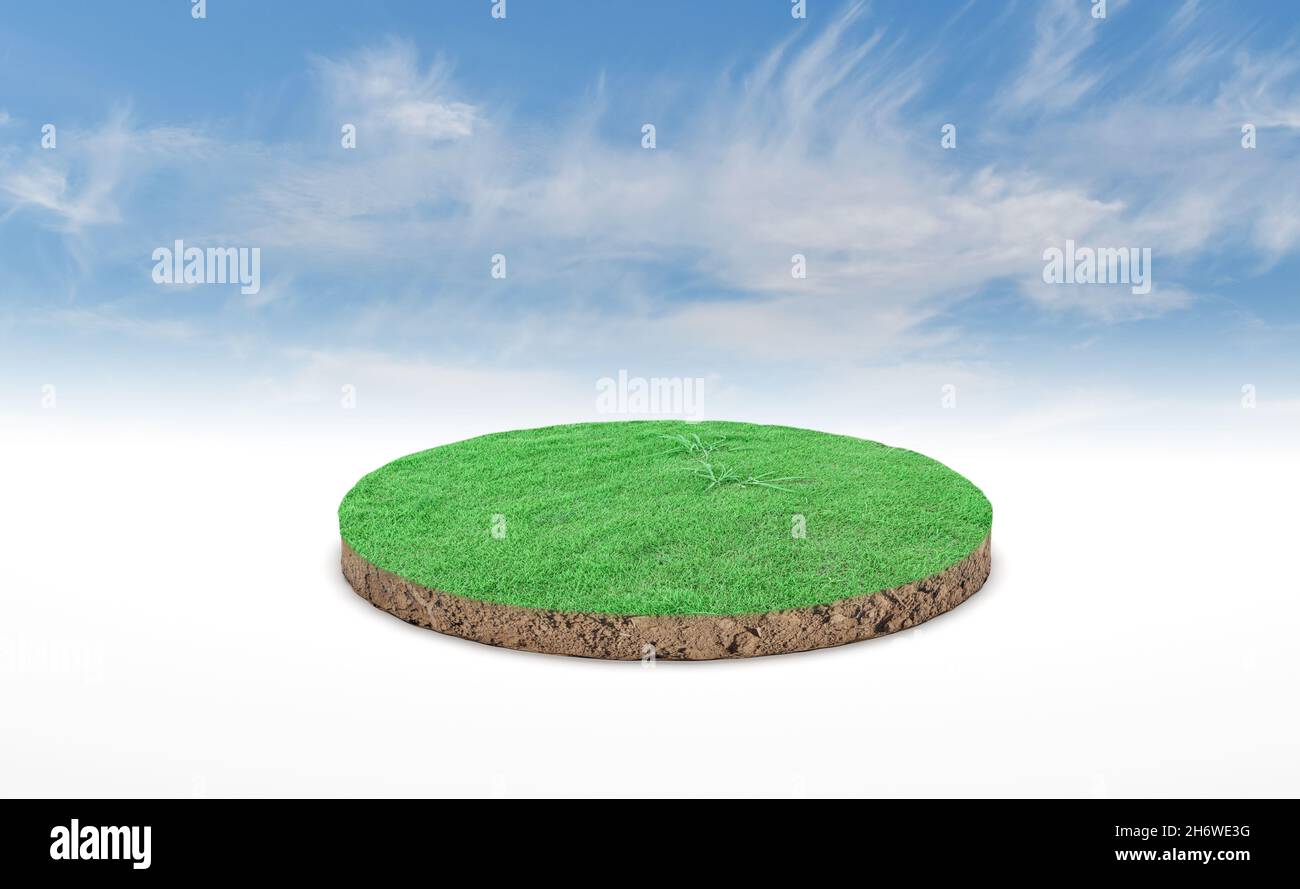 3d rendering, circle podium of land meadow. Soil ground cross section ...