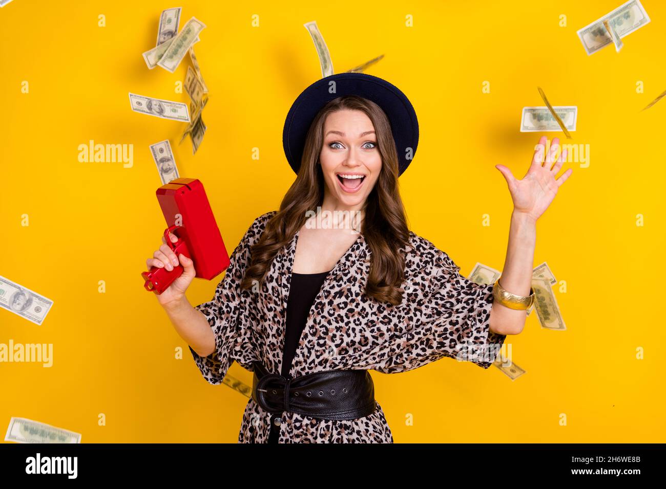Portrait of attractive cheerful rich wealthy girl throwing usd cash ...