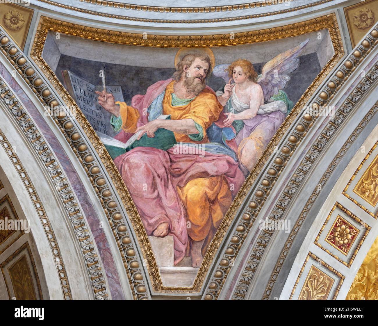 ROME, ITALY - AUGUST 28, 2021: The fresco of St. Matthew the Evangelist ...