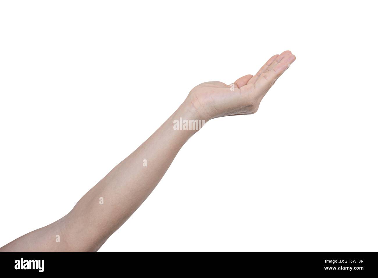 Man hand with open palm hope, helping, Isolated on white background ...