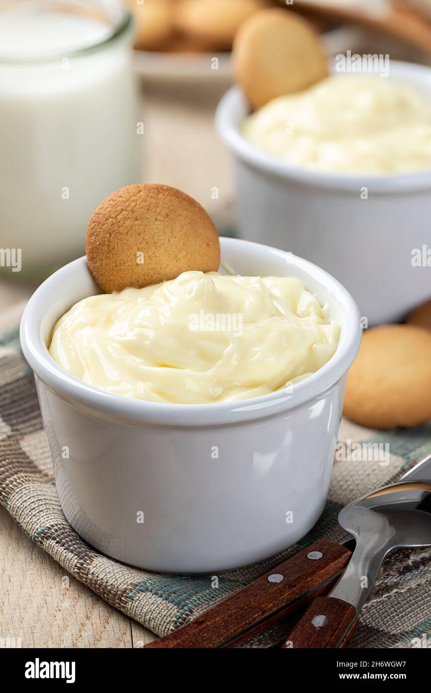 Closeup of creamy vanilla pudding in a white cup with vanilla wafers on ...