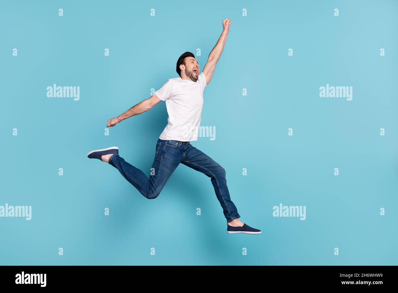Full body profile photo of impressed person open mouth raise arm look ...