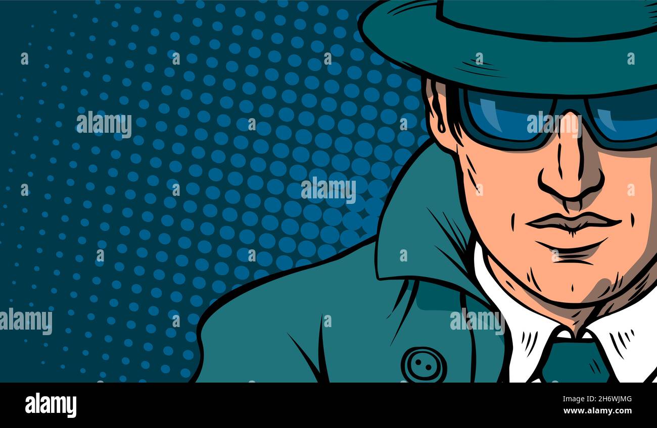 Man detective investigating. Dressed in a retro raincoat and hat ...