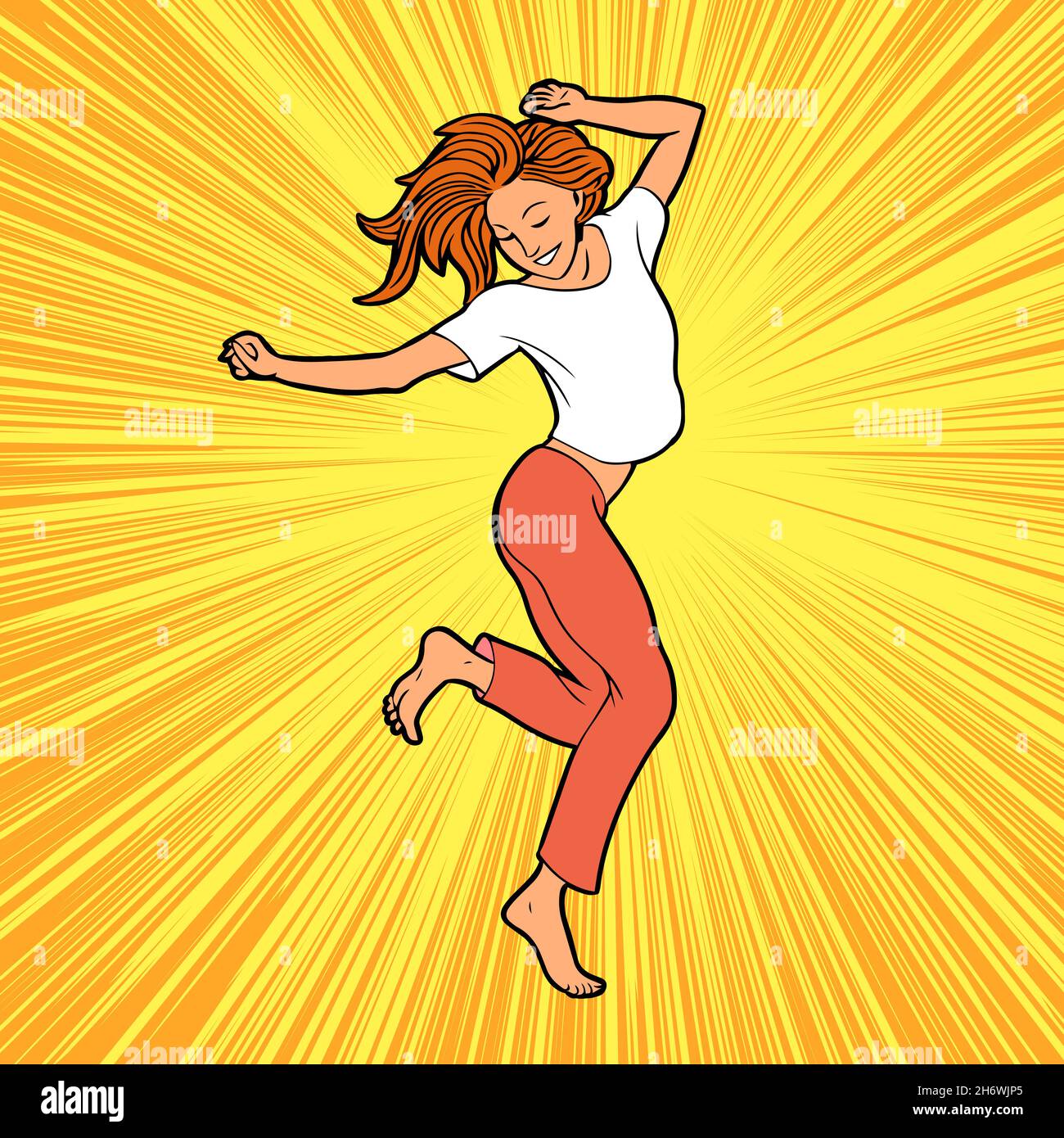 Young beautiful girl in a cheerful dance. Happy female character. Mood ...