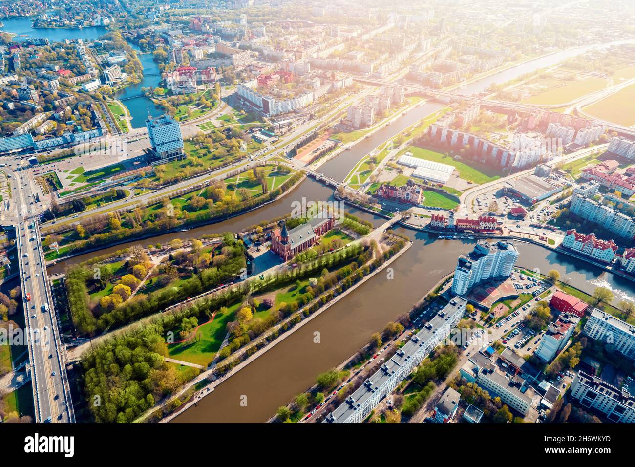 Aerial top view Kant Island city Kaliningrad Russia with blue sky sun ...