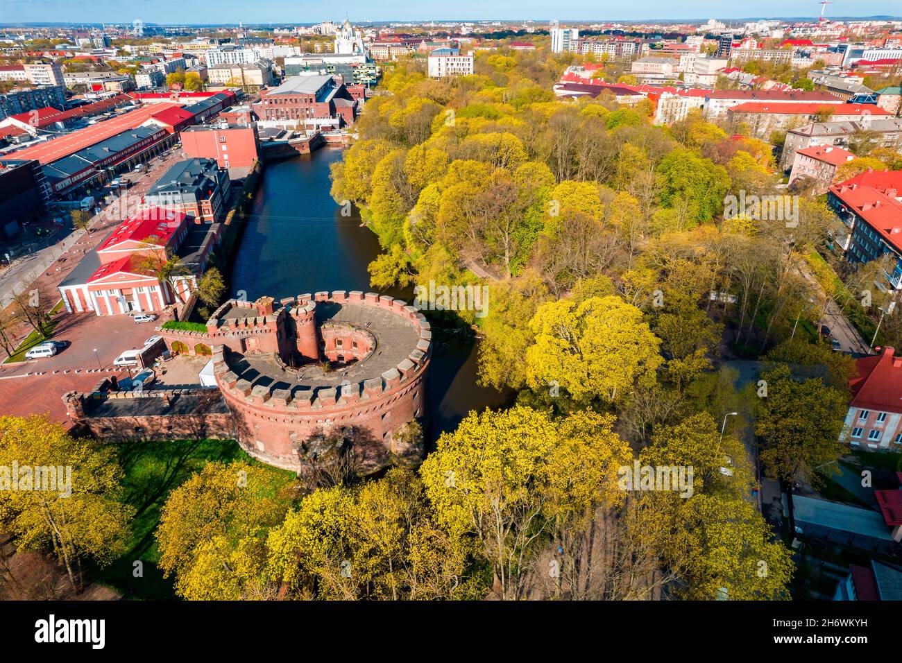 Aerial view city Kaliningrad Russia fortress tower Verkhneye Lake ...