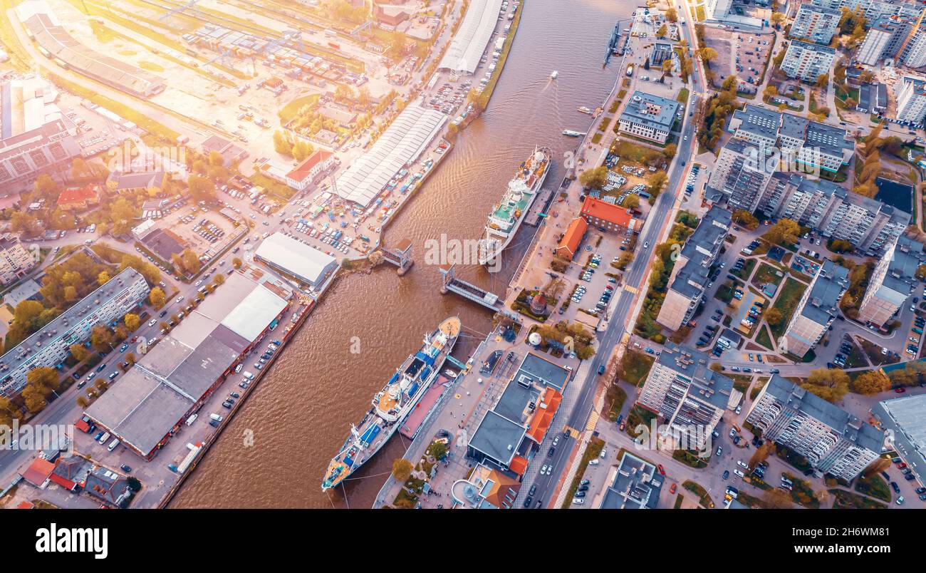 Aerial top view city Kaliningrad Russia museum of world ocean ships and ...