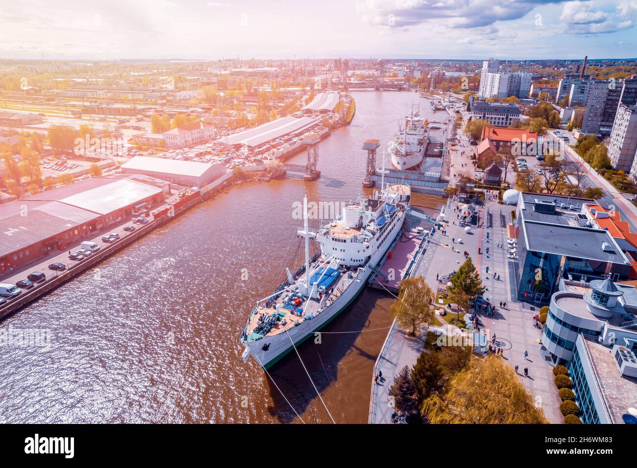 Aerial top view city Kaliningrad Russia museum of world ocean ships and ...