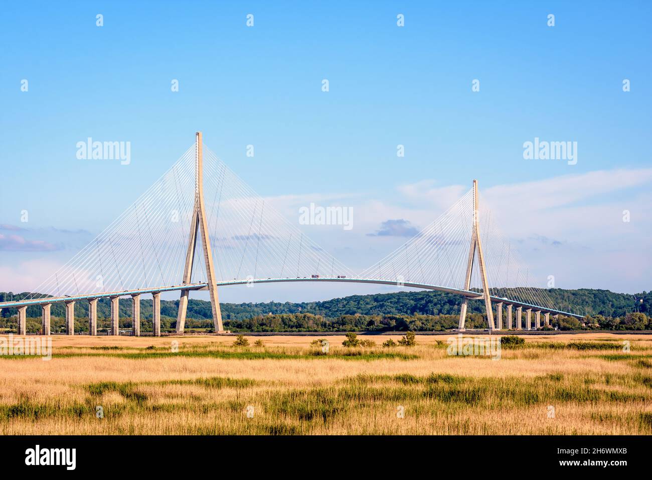 General view of the Normandy bridge, a cable-stayed road bridge over ...